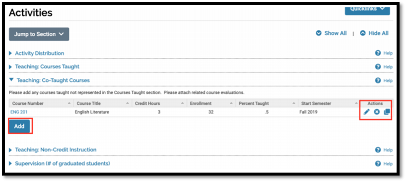 How to edit a specific section in the ‘Teaching: Co-taught Courses ...