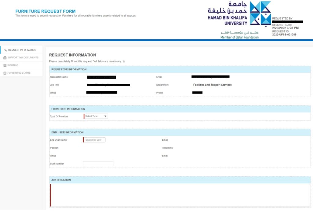 How to Submit a request for Furniture Request e-Form? – UTSKB