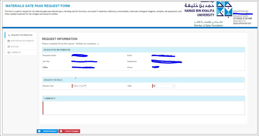 How to submit a e-form request for Material Delivery and Gate Pass – UTSKB